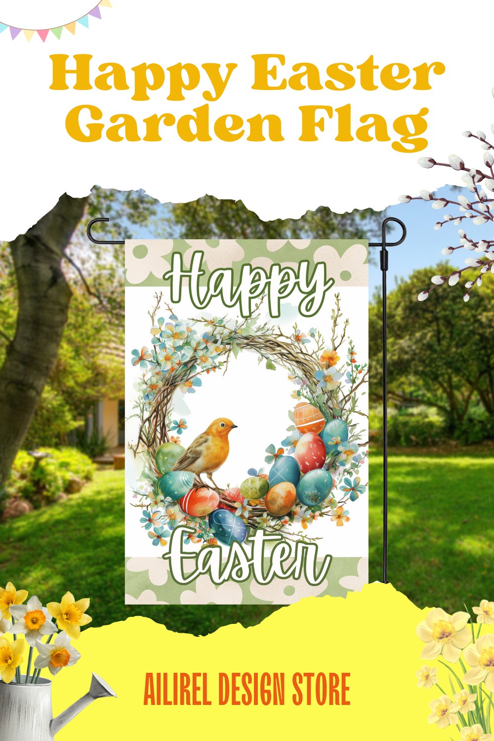 Easter Wreath Garden Flag Template, Happy Easter Garden Flag