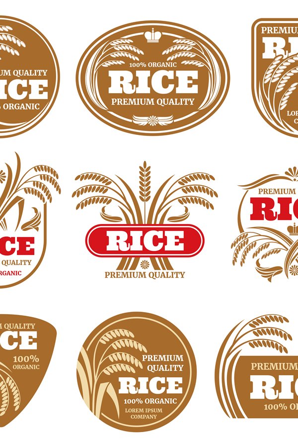 Paddy grain organic rice labels. Healthy food vector logos i