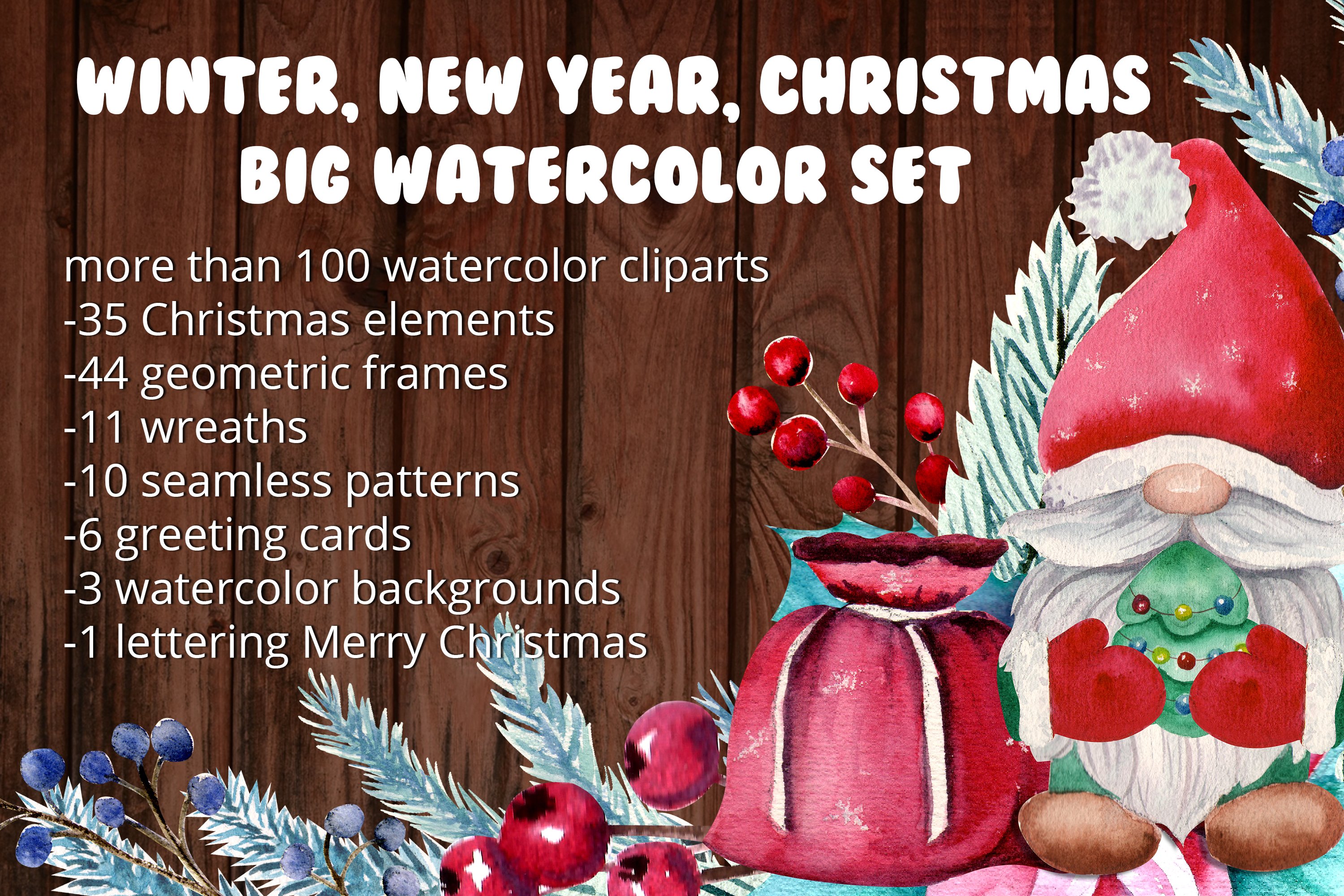 Winter, New year, Christmas. Big watercolor set
