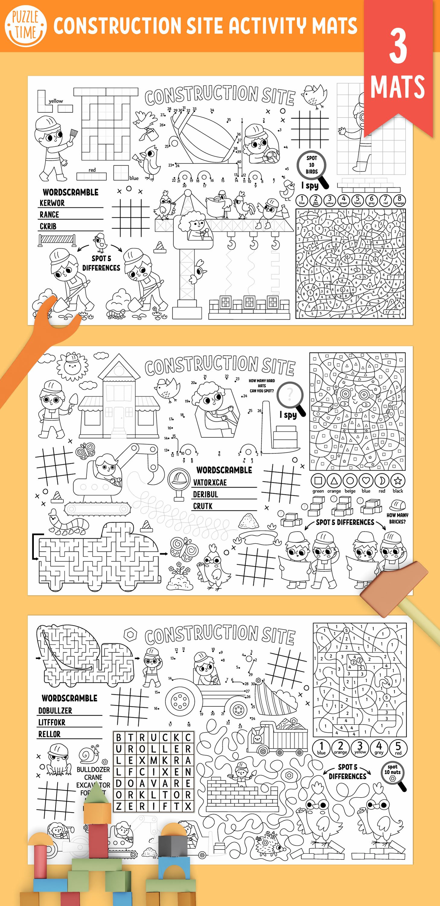 Construction site coloring activity play mats for kids