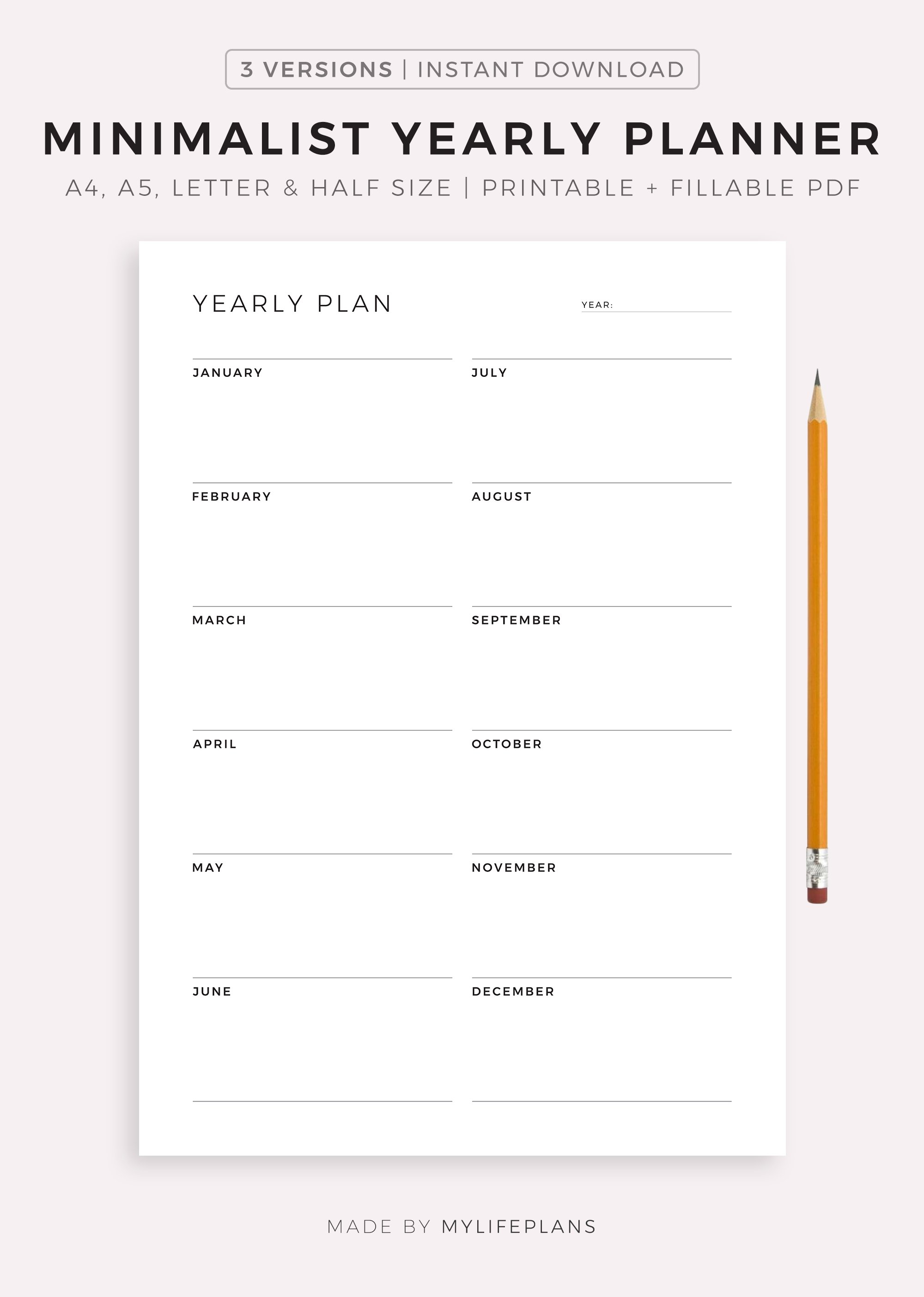 Minimalist Yearly Planner on One Page, Annual Overview