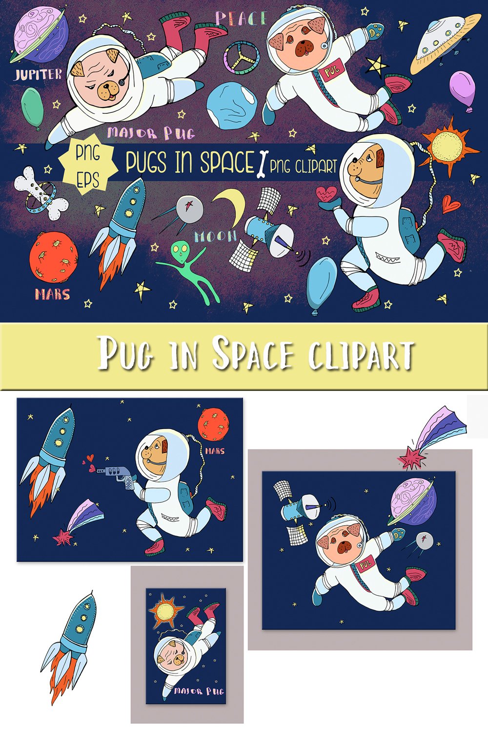 PUG in space PNG clipart. Dog clipart, cute puppies.