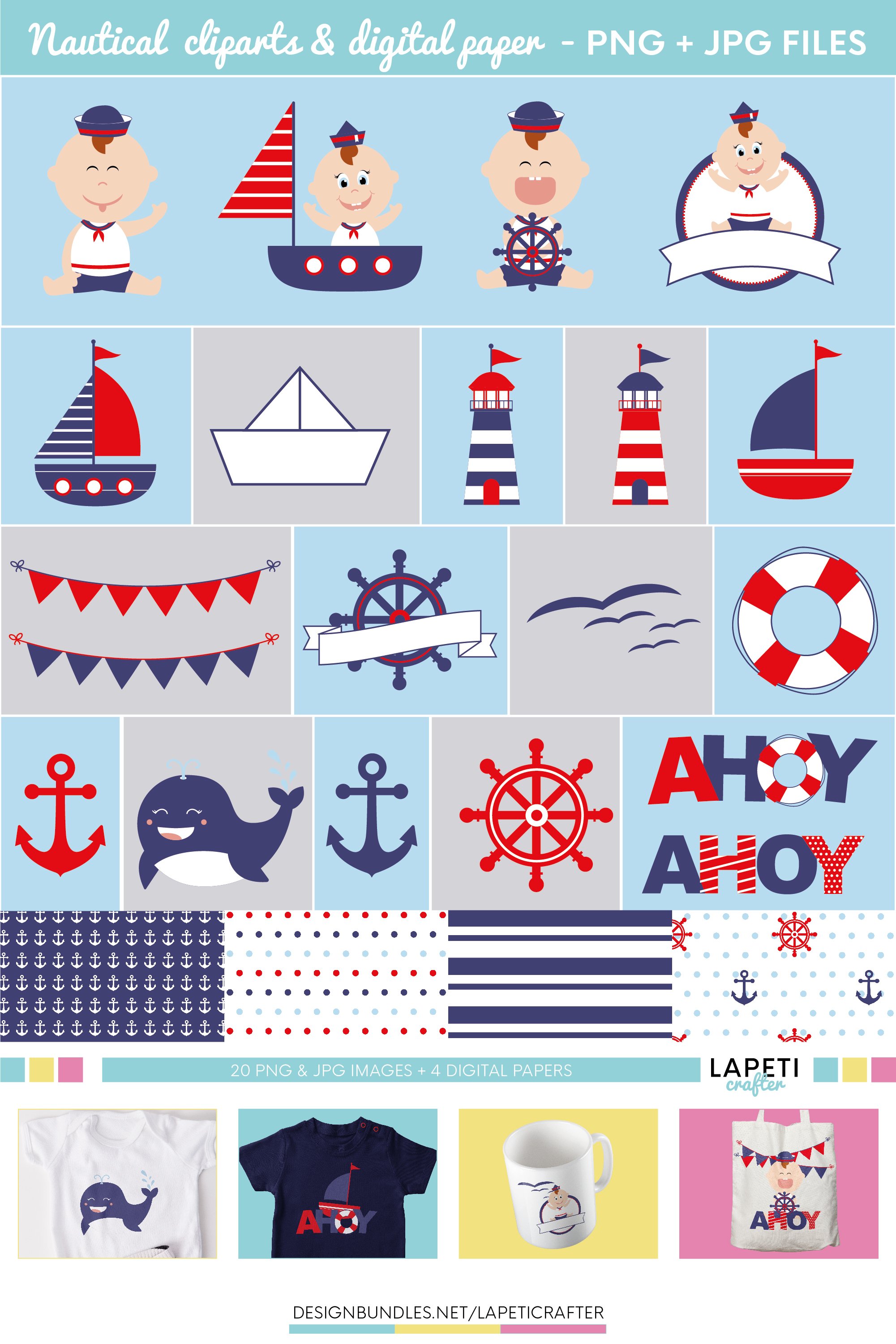 Nautical baby sailor clipart and digital paper, PNG - JPG