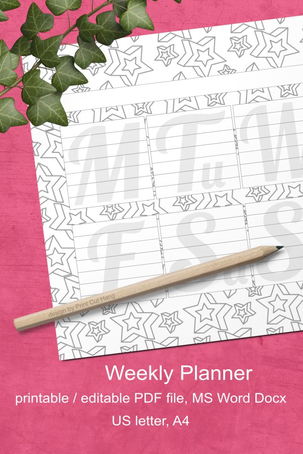 Weekly Planner Stars Black n White Printable Editable PDF