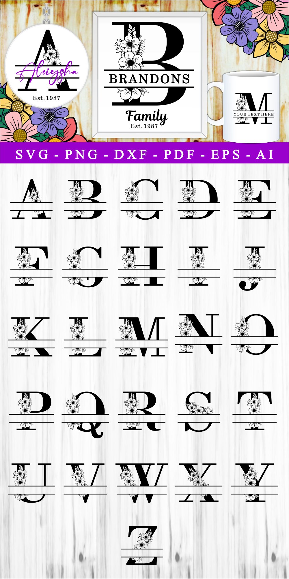 Flower Split Monogram Letters SVG, Keychain SVG, Mug Designs