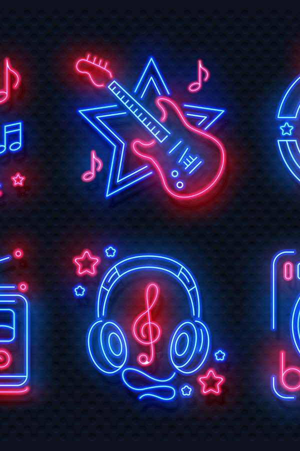 Neon party icons. Dance music karaoke light signs, glowing c