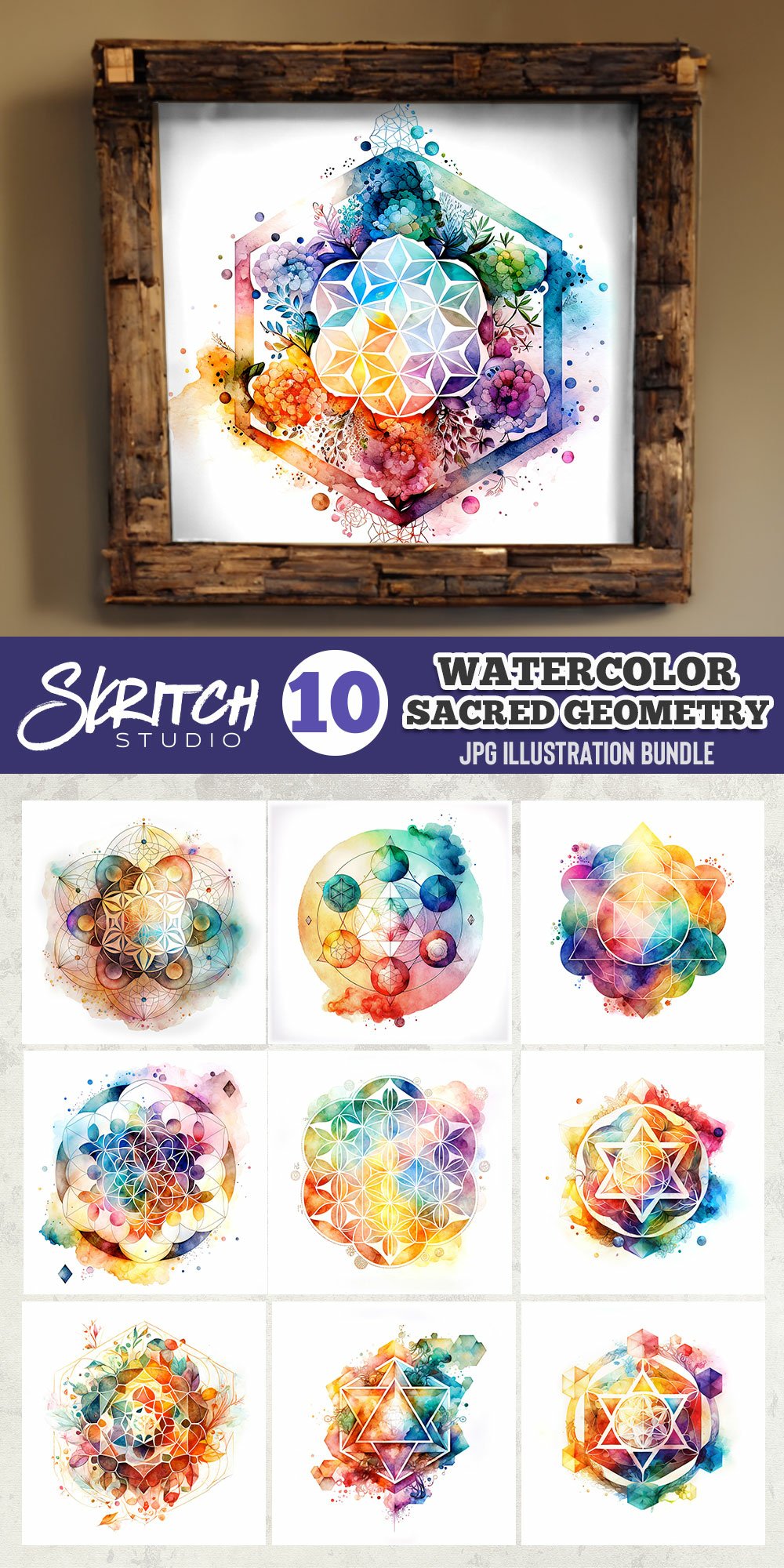 Watercolor Sacred Geometry Digital Illustration Bundle