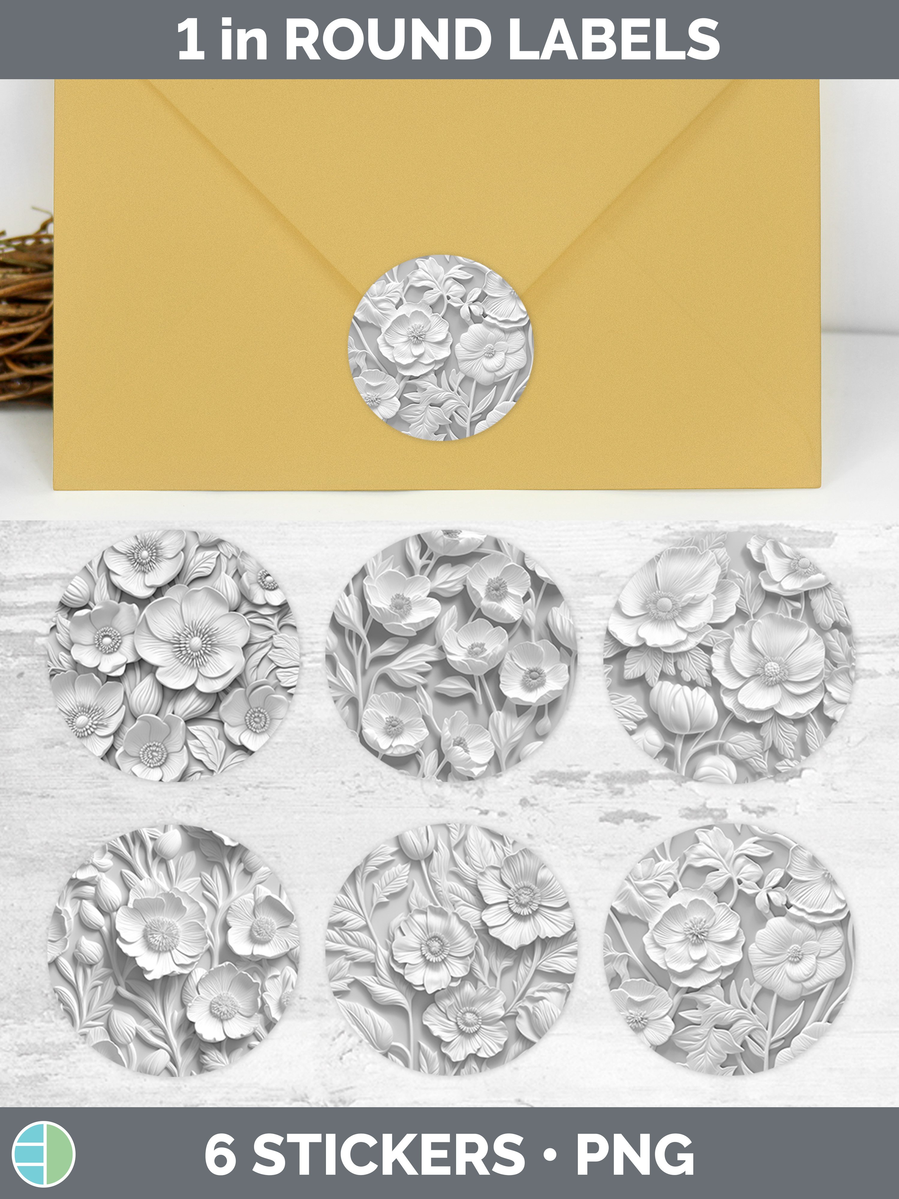 3D White Buttercup Flowers Stickers | Round Labels Designs B