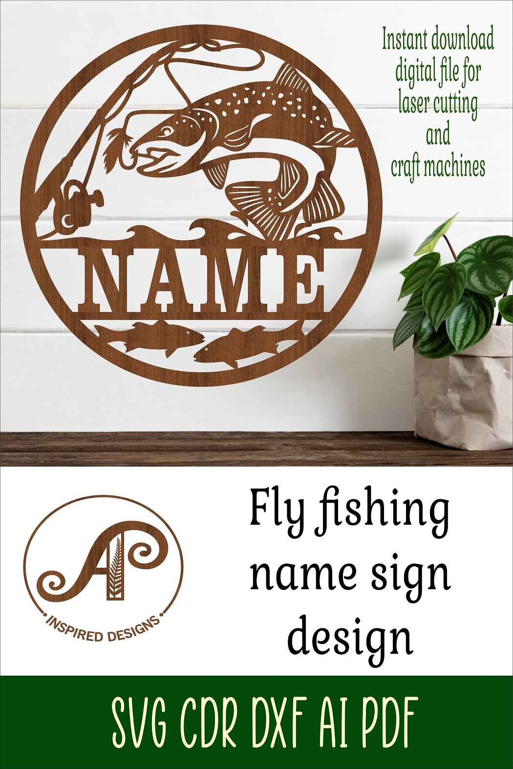 Fly fishing personalized name sign svg laser cut template