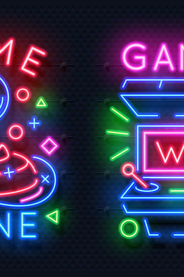 Neon game signs. Retro video games night light icons, gaming