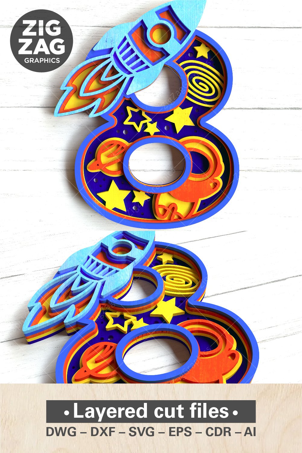 layered kids number 8 with space rocket astronaut and stars