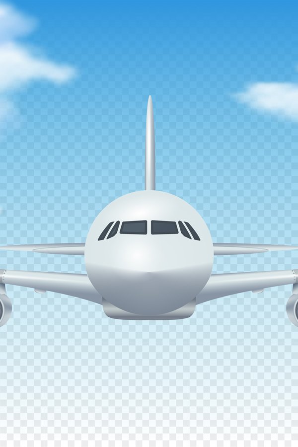 Flight plane. Realistic 3D airplane flying in blue sky. Whit
