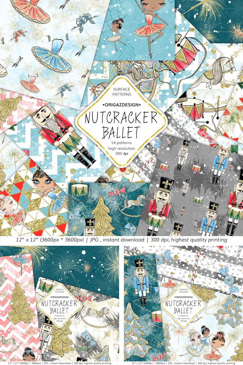 The Nutcracker Ballet Christmas Digital Paper Watercolor