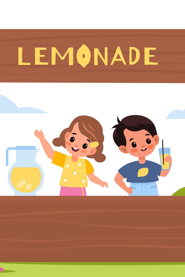 Children lemonade. Happy kids make lemon drink, little selle