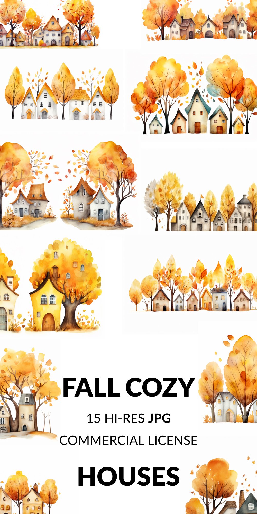 Watercolour Fall Homes Clipart, Bundle 15 Images, Fall House