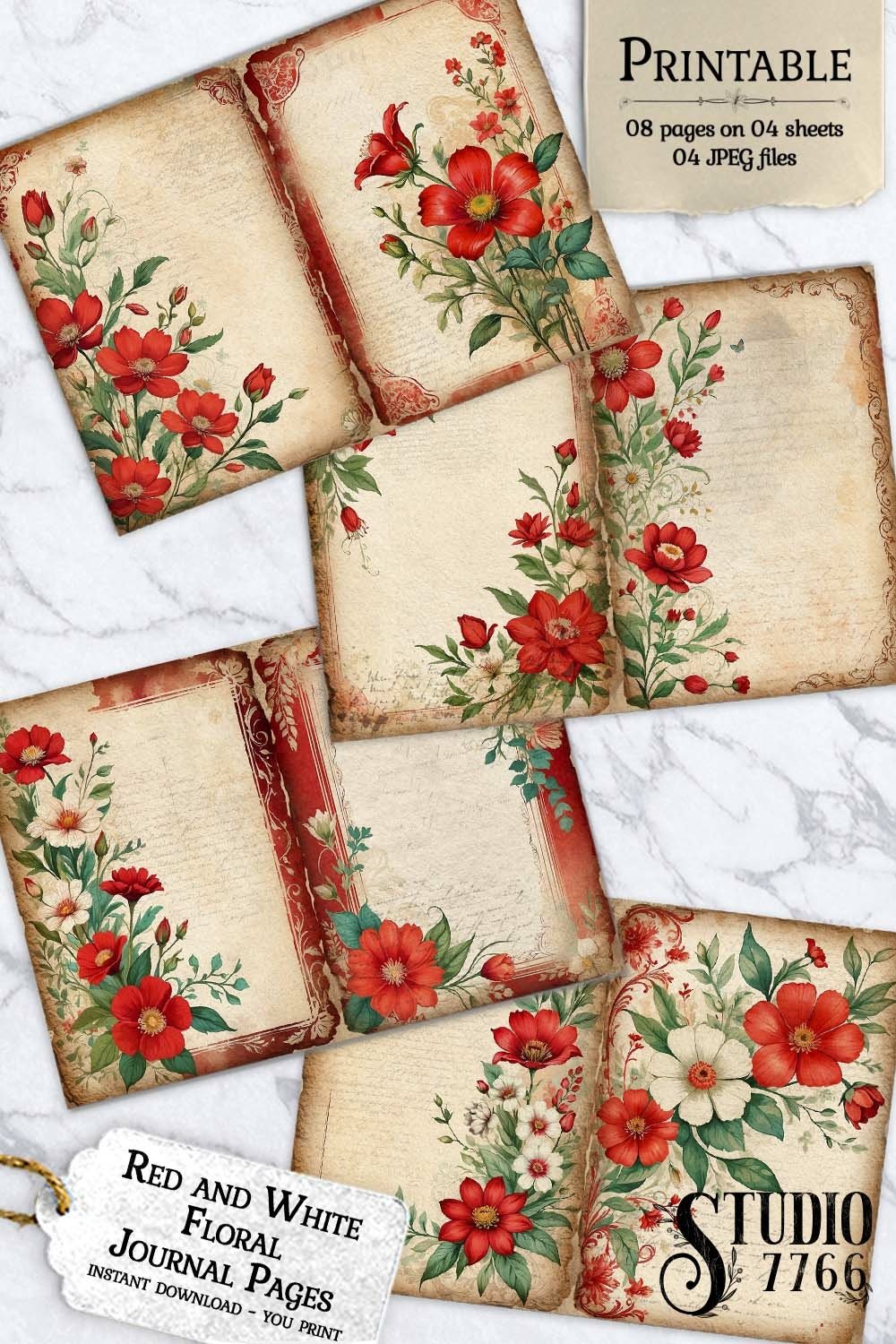Red and White Floral Junk Journal Pages