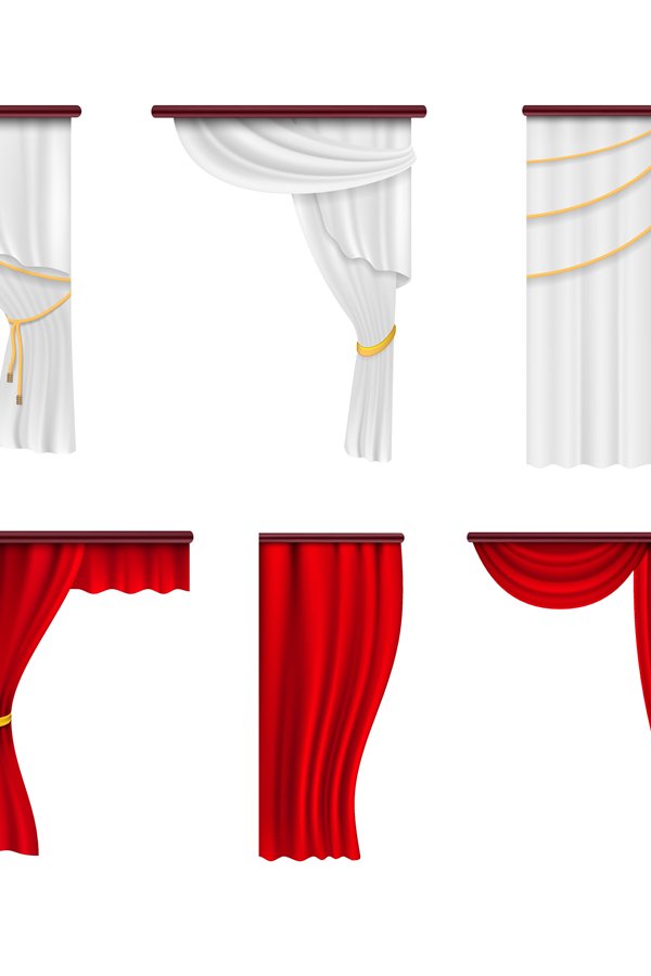 Curtains set. Red white curtain, isolated textile theater dr