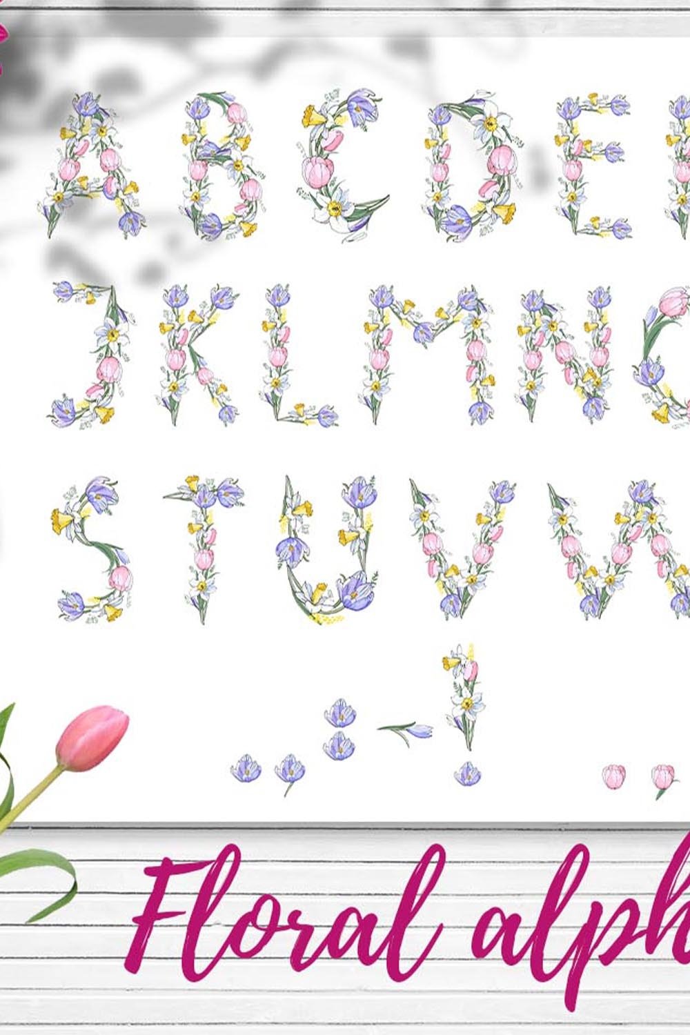 Floral hand drawn alphabet. Tulips, daffodil, crocus letters