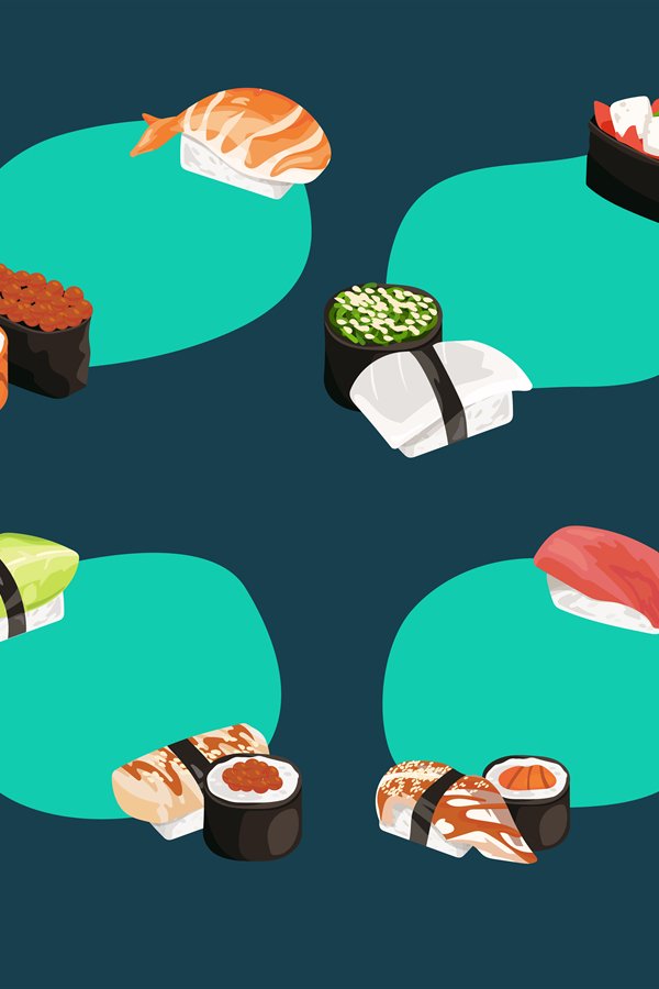 Vector cartoon sushi types stickers set