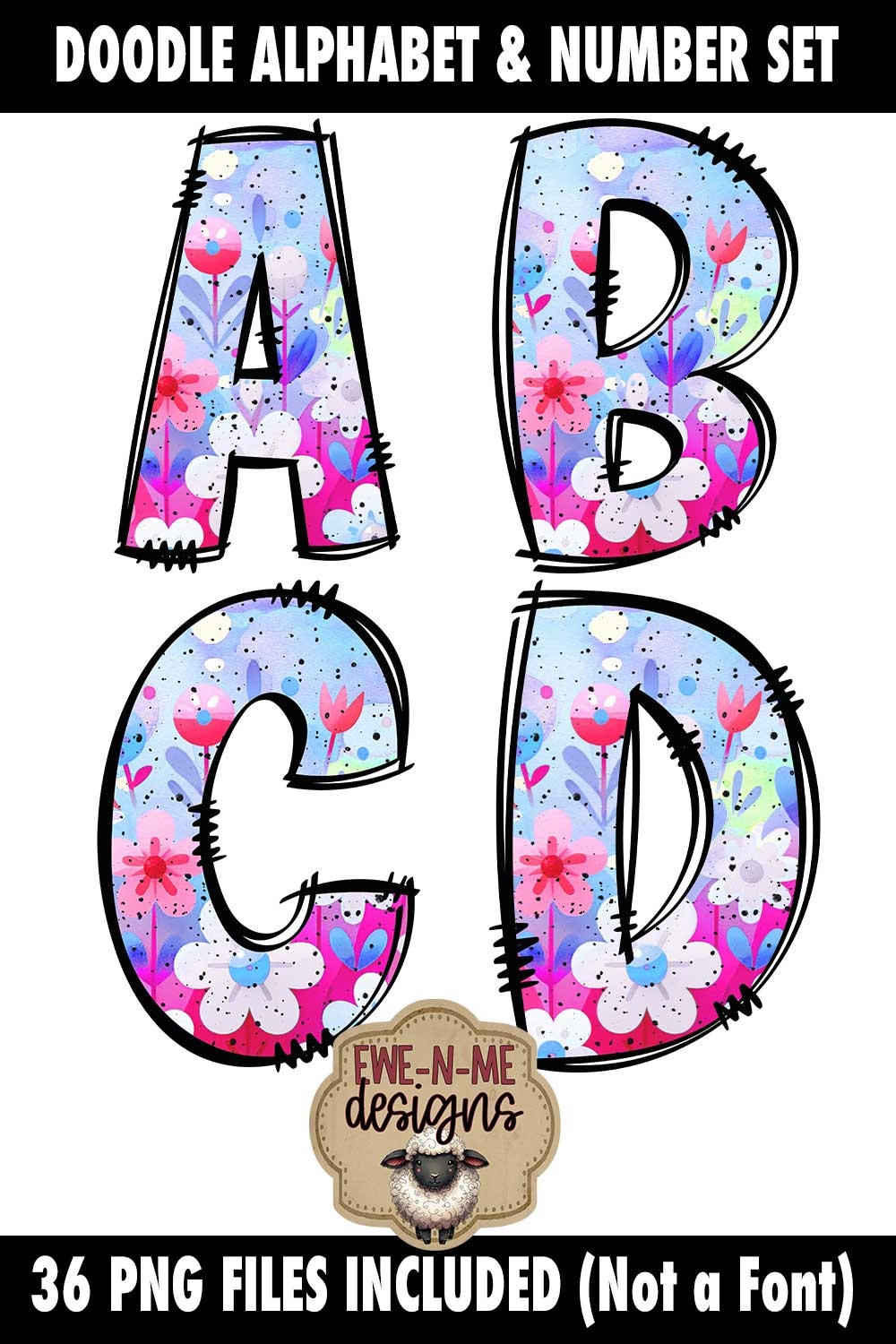 Cute Floral Doodle Alphabet Numbers | Flowered PNG Files