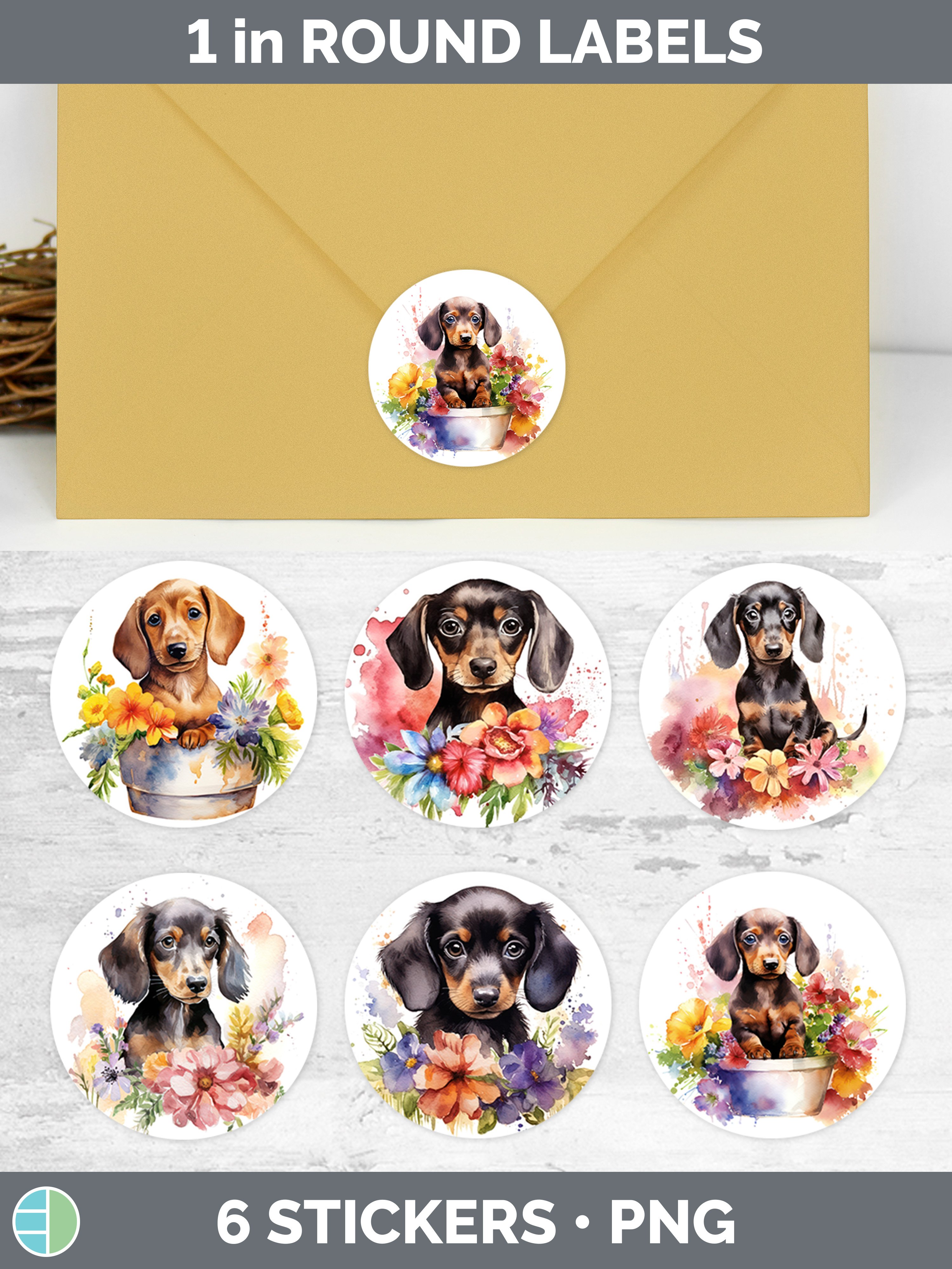 Watercolor Dachshund Dog Stickers | Round Labels Designs Bun
