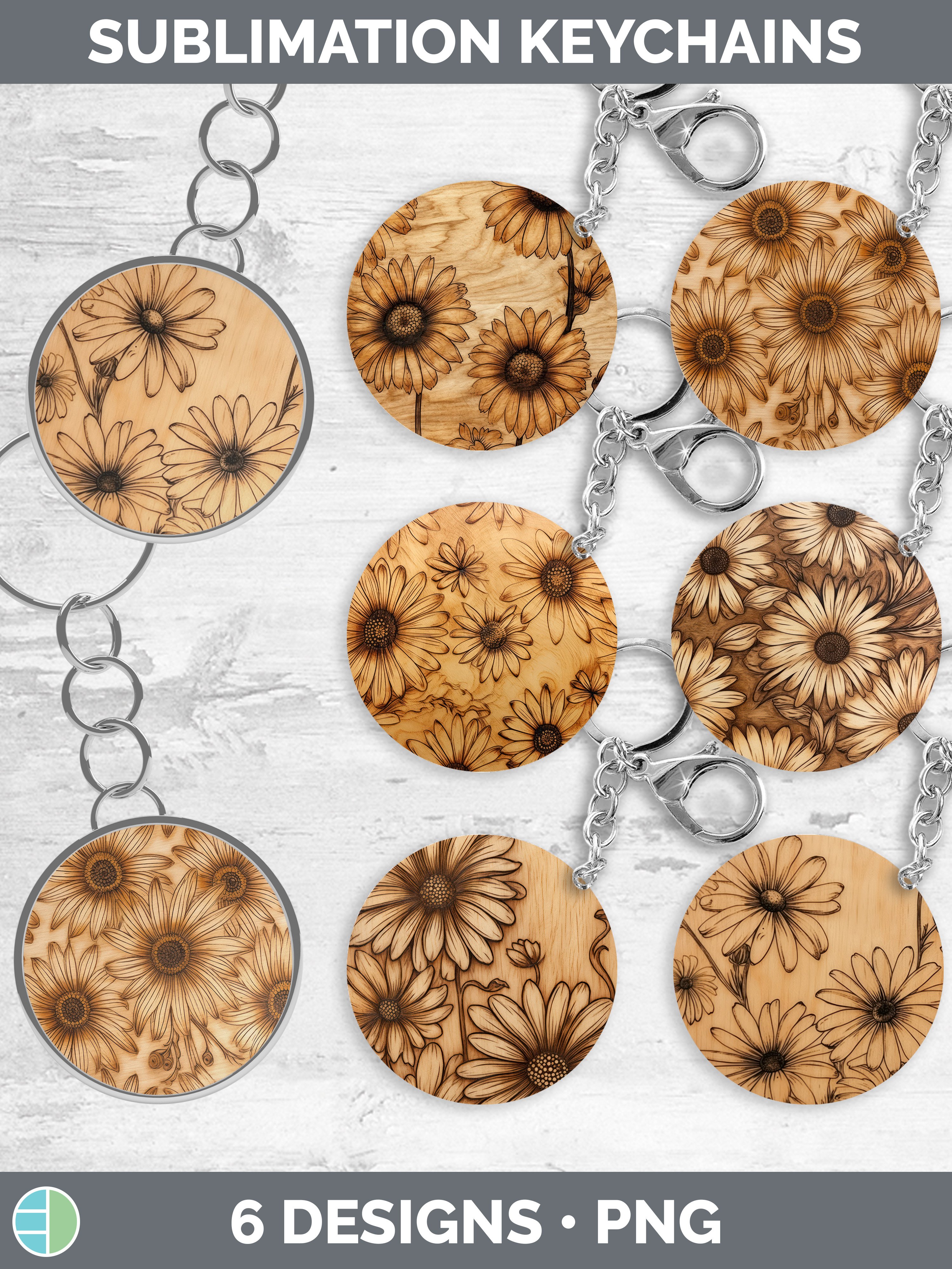 Wood Burned Daisy Flowers Keychain | Sublimation Keyring Des