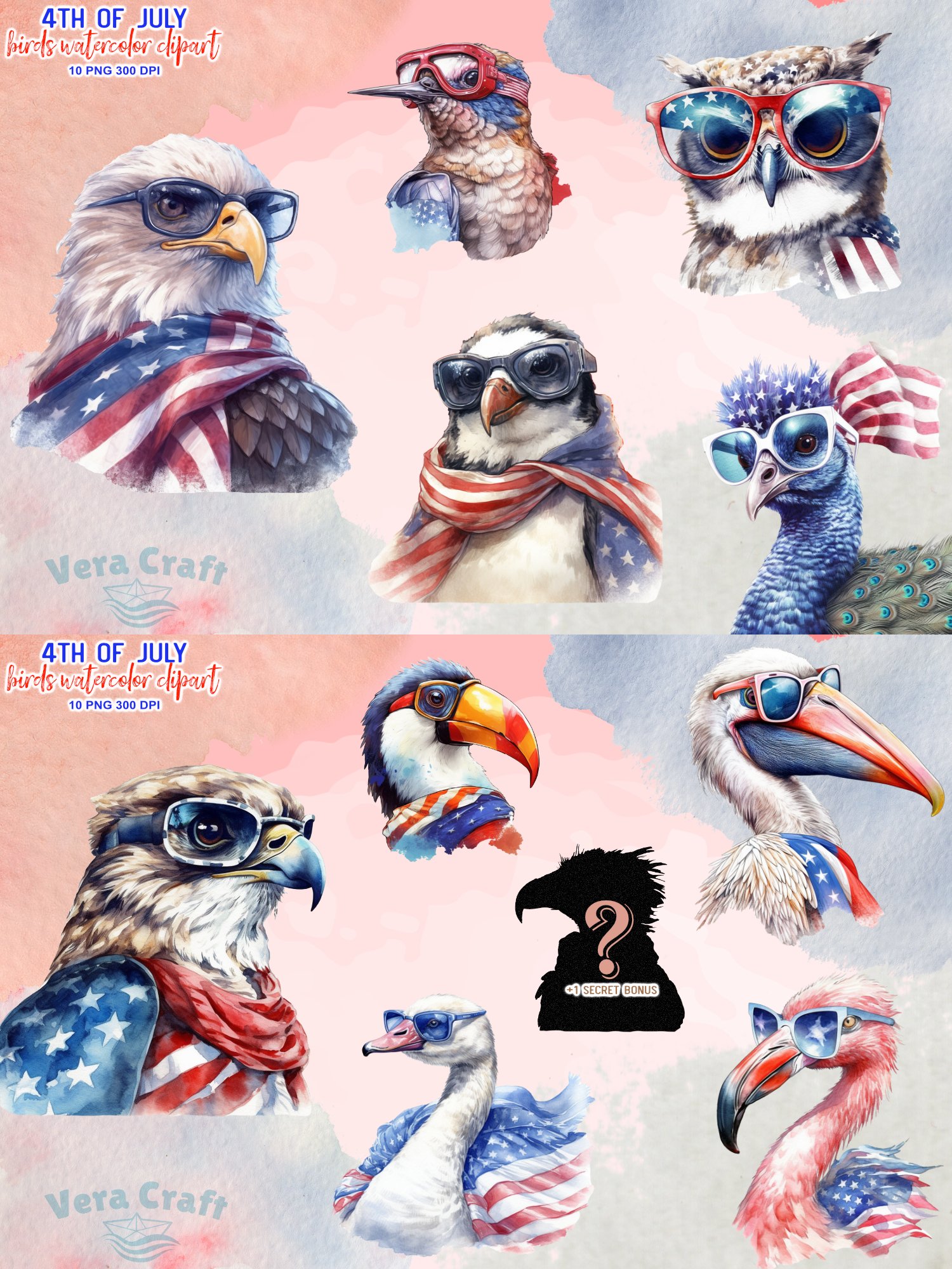 4th of July Birds Watercolor Clipart Bundle - 10 Variations
