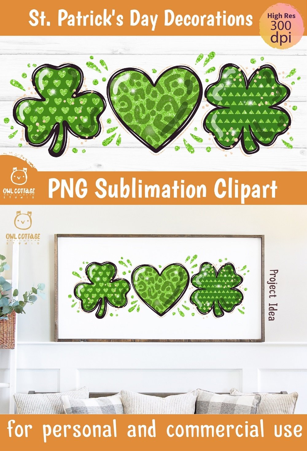 St. Patricks day sublimation, Clover Leaf png, Glitter heart