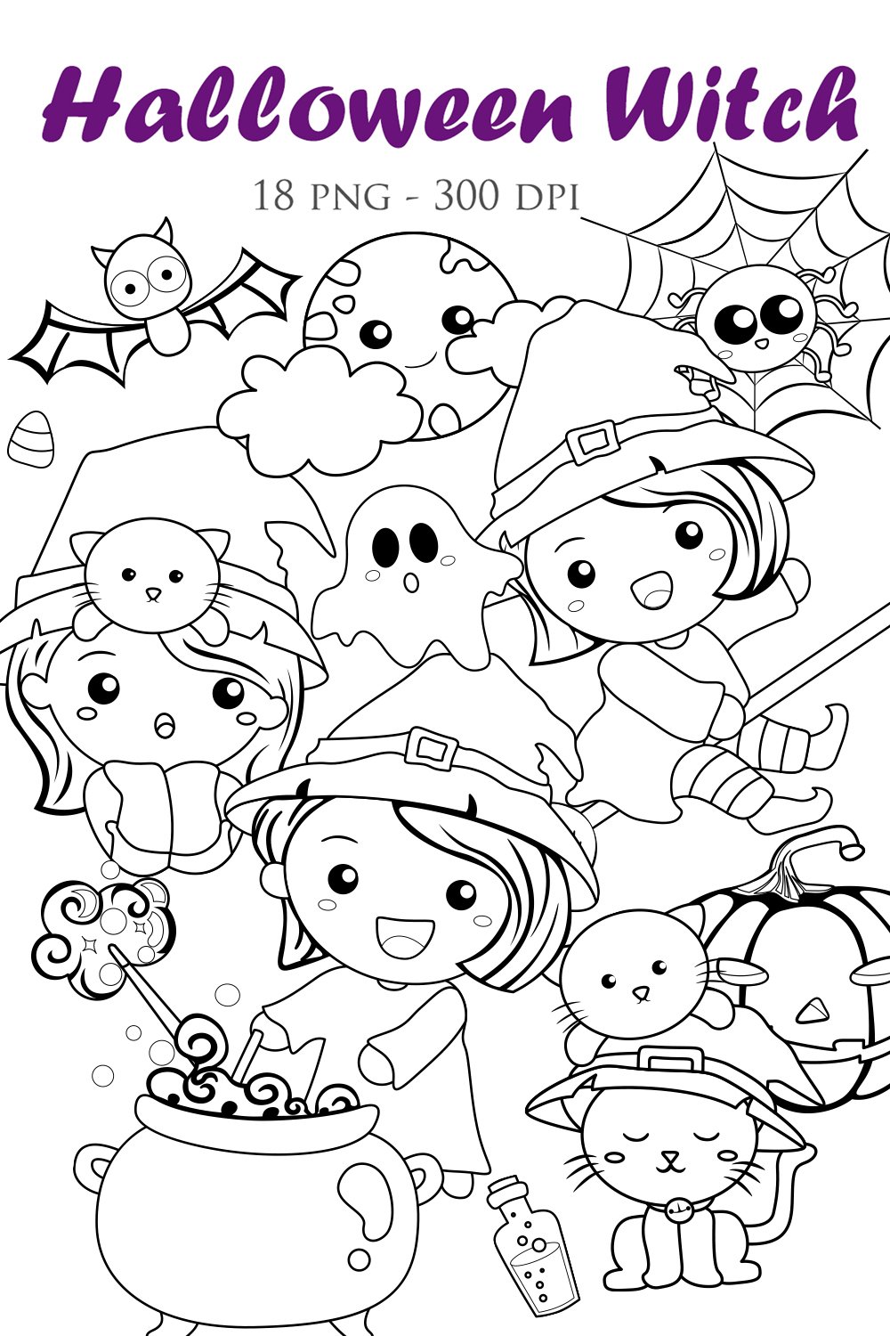 Halloween Witch Girl October Costume Digital Stamp Outline