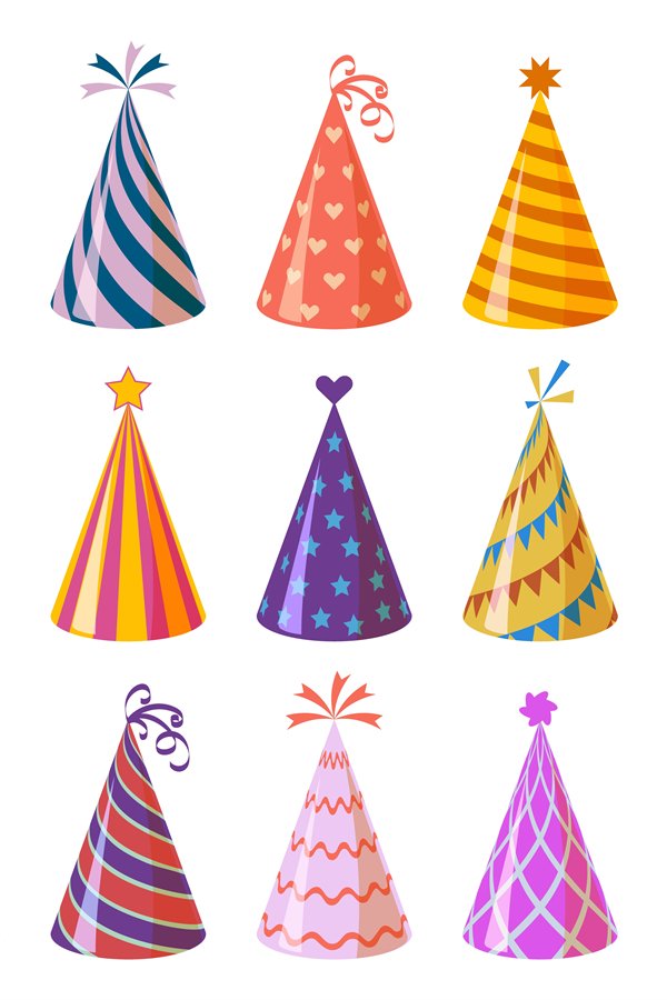 Party caps. Colorful cartoon birthday and carnival paper hat