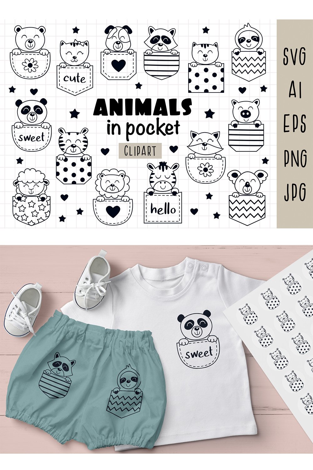 Animals in pocket Clipart, Black and white svg, Cute animals