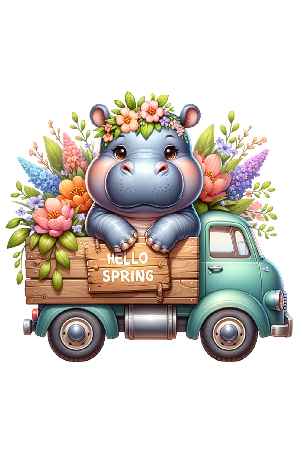 Hippo with Truck Spring Clipart PNG Sublimation Design