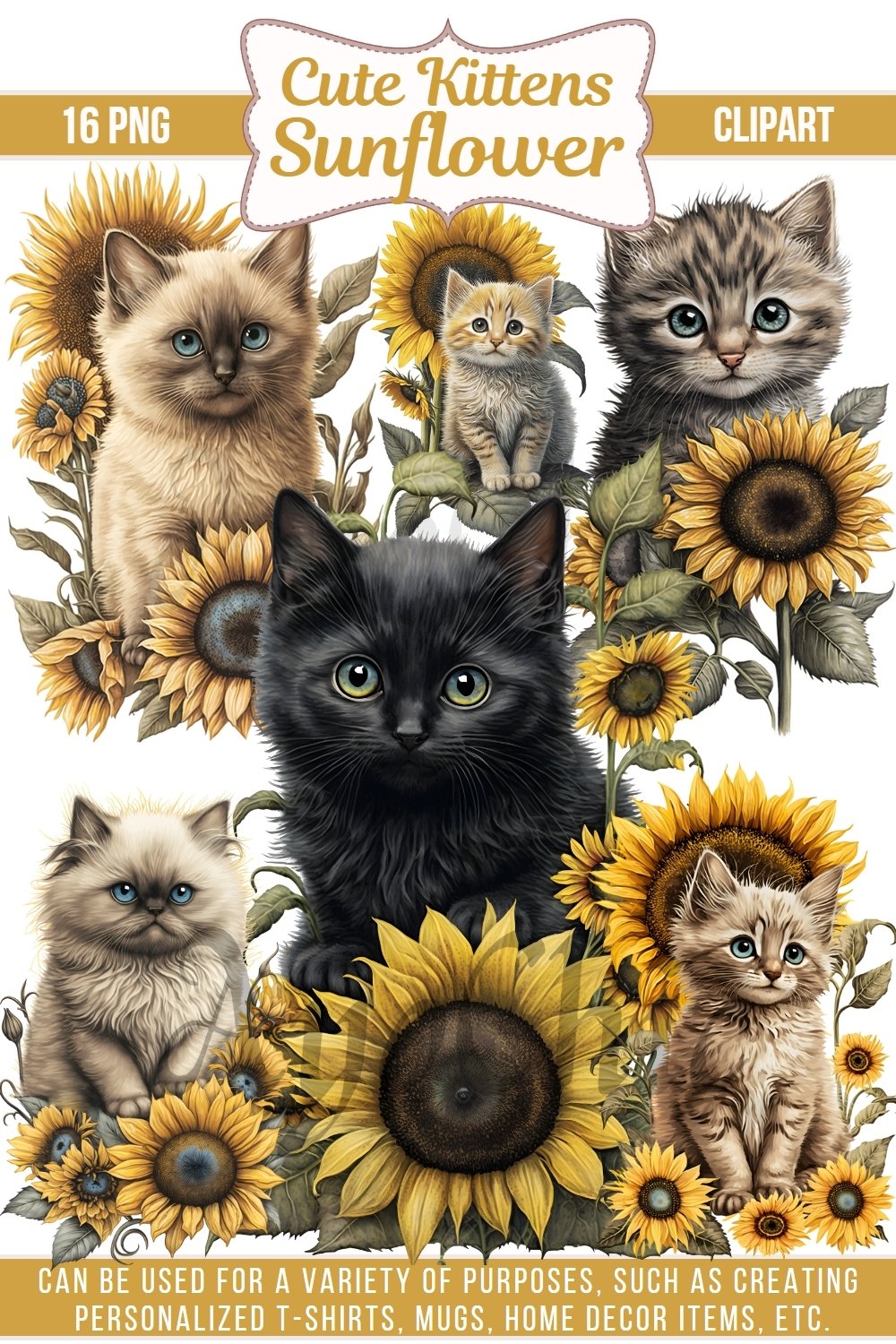 Cute Kittens Sunflower, Watercolor Cats Clipart Sublimation