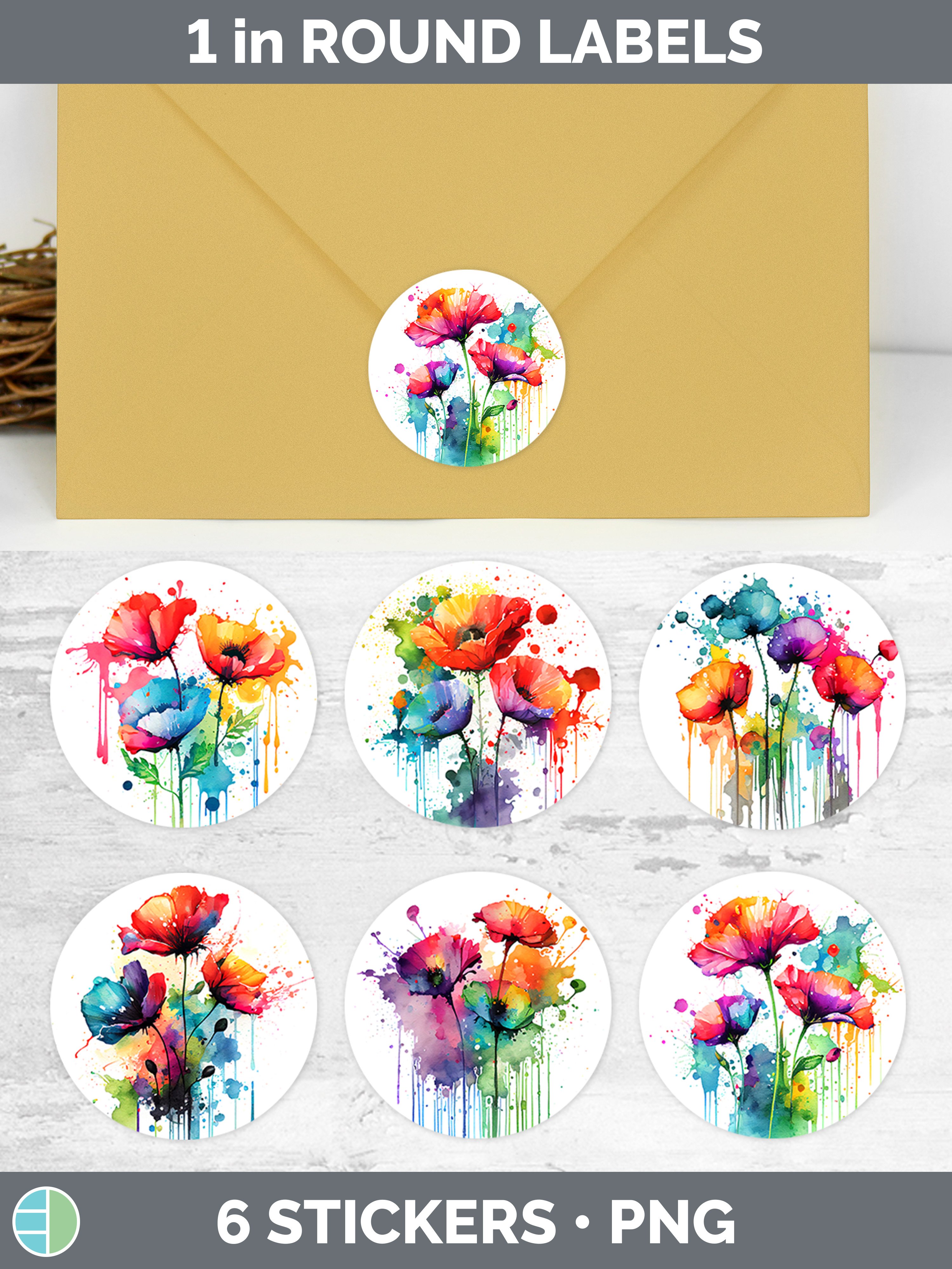 Rainbow Poppy Flowers Stickers | Round Labels Designs Bundle