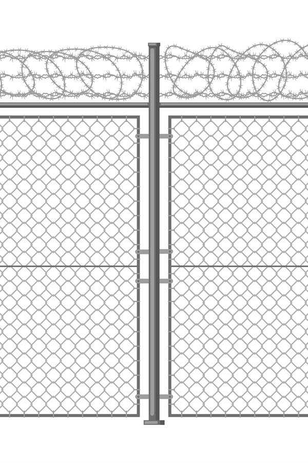 Metallic barbed wire fence. Secured razor wire barrier, stee