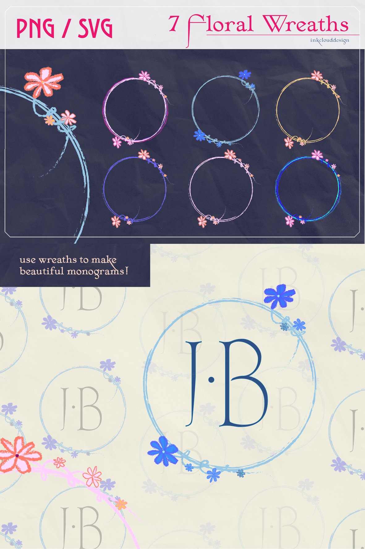 Bundle Floral Wreath Monogram Circle Flowers Cute SVG PNG