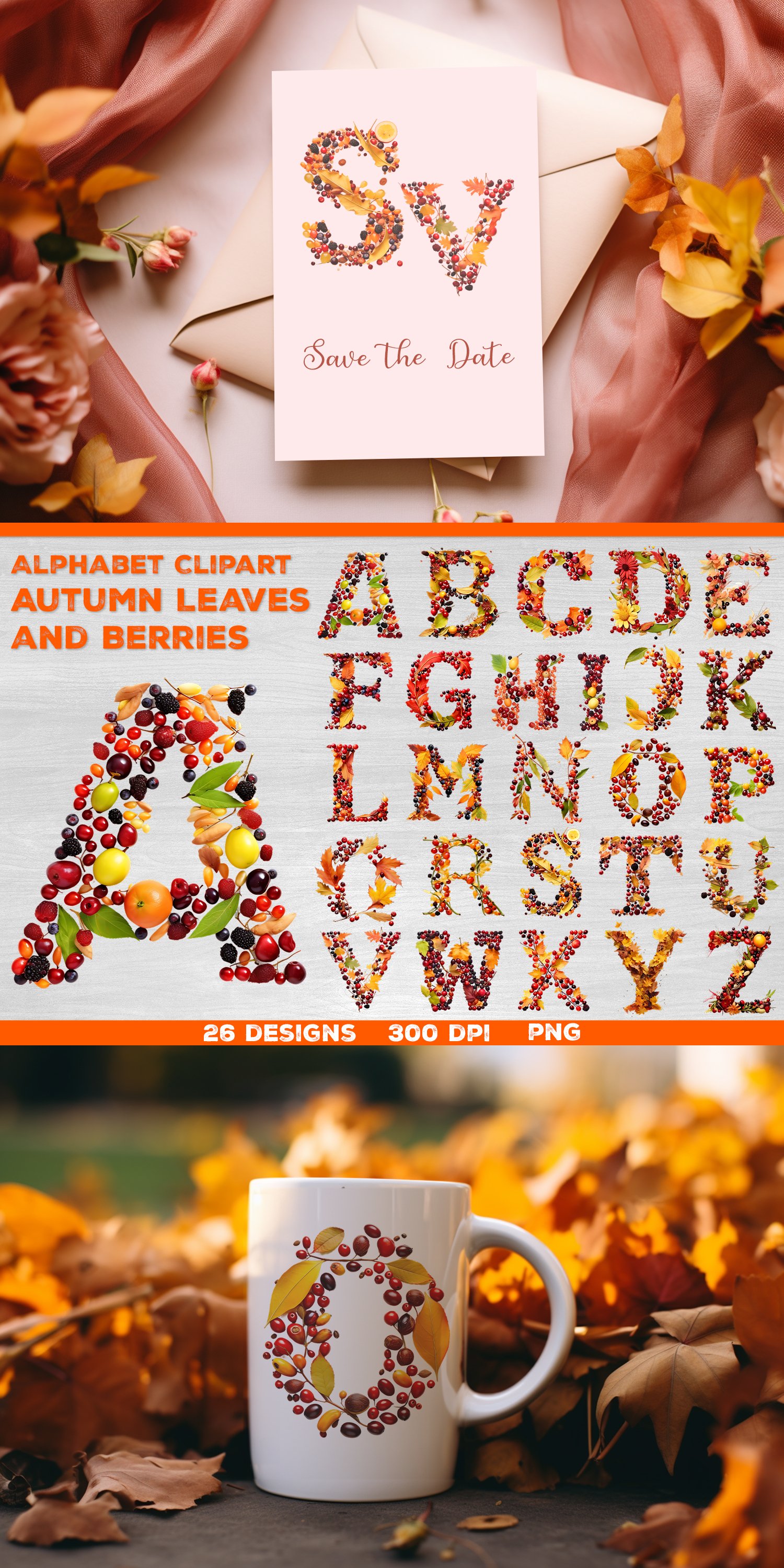 Alphabet Clipart Autumn Leaves and Berries. Fall Alphabet