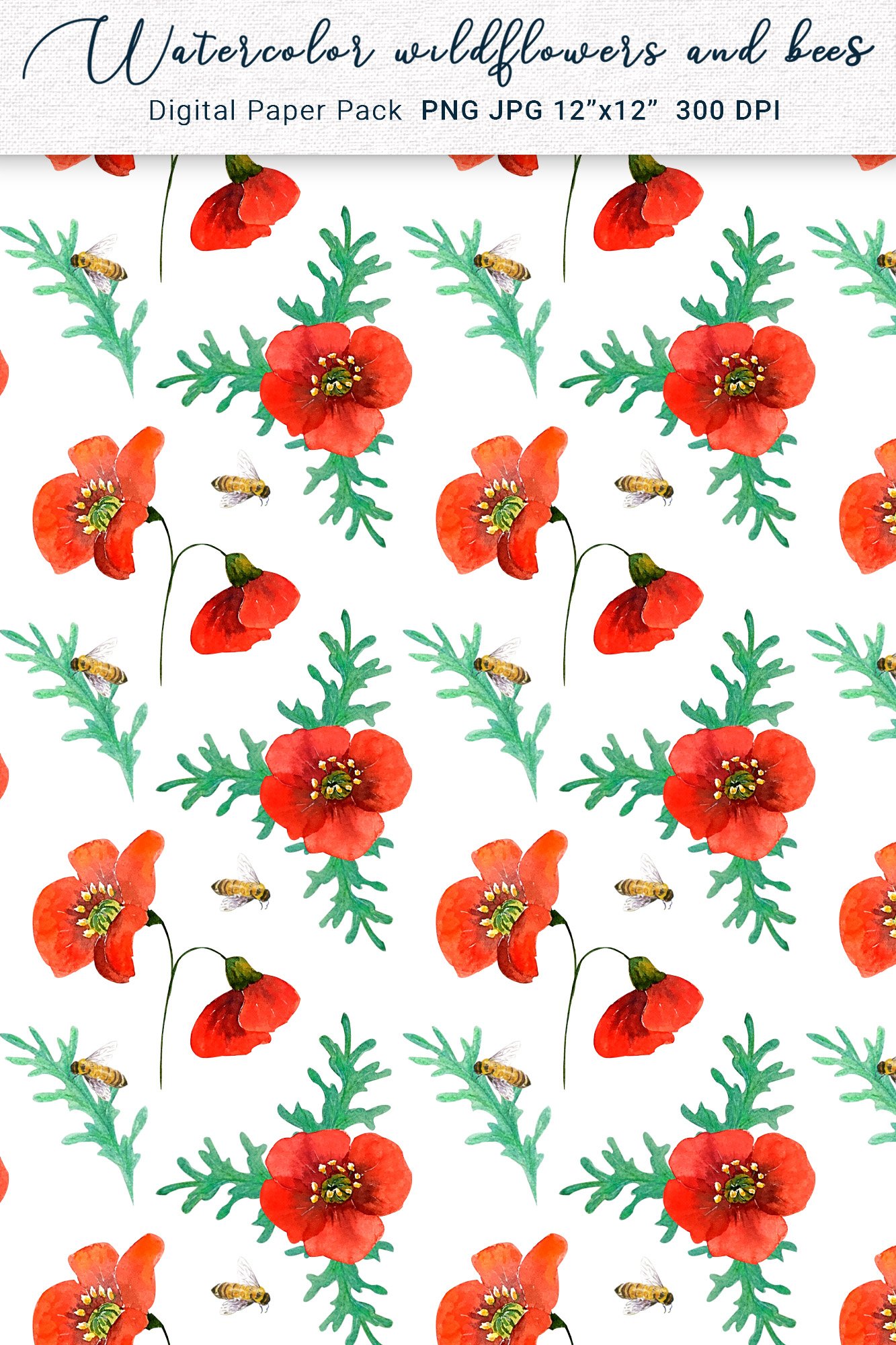 Watercolor Meadow Wildflowers and Bees Digital Paper Bundle