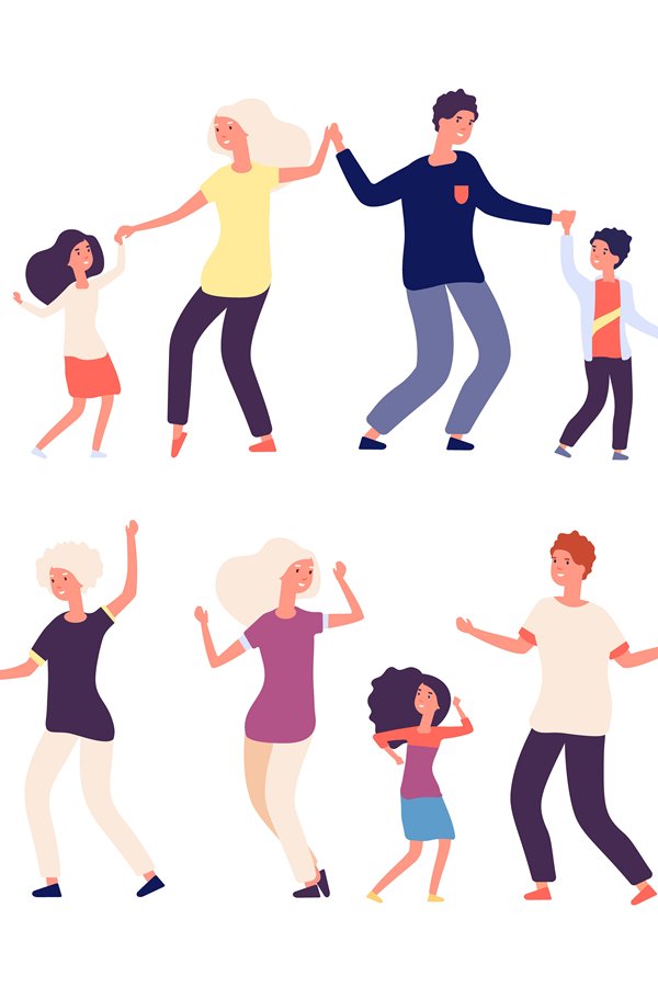 Dancing parents with kids. Happy children dad and mom dance