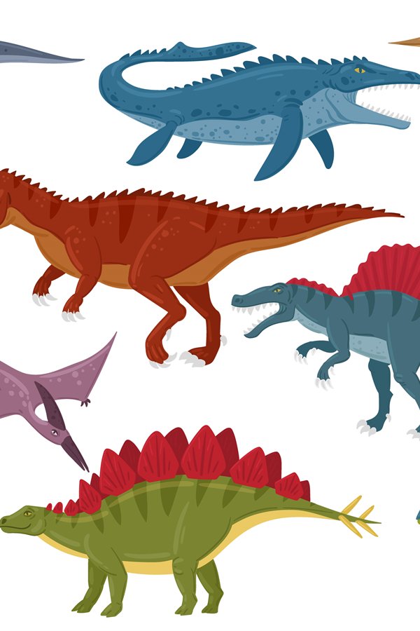 Cartoon dinosaurs, jurassic extinct dino raptors, predators