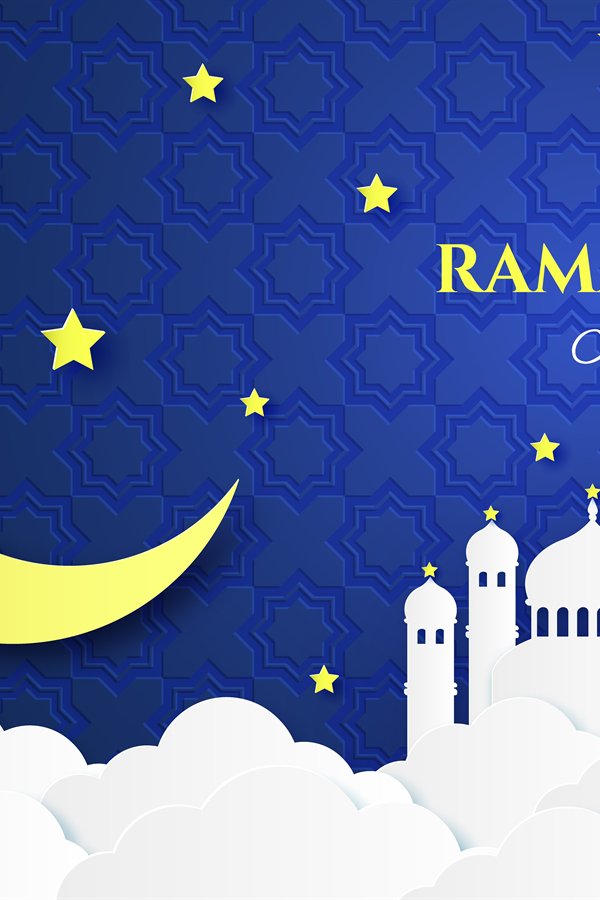 Paper Ramadan. Mosque, yellow moon and stars, clouds paper c