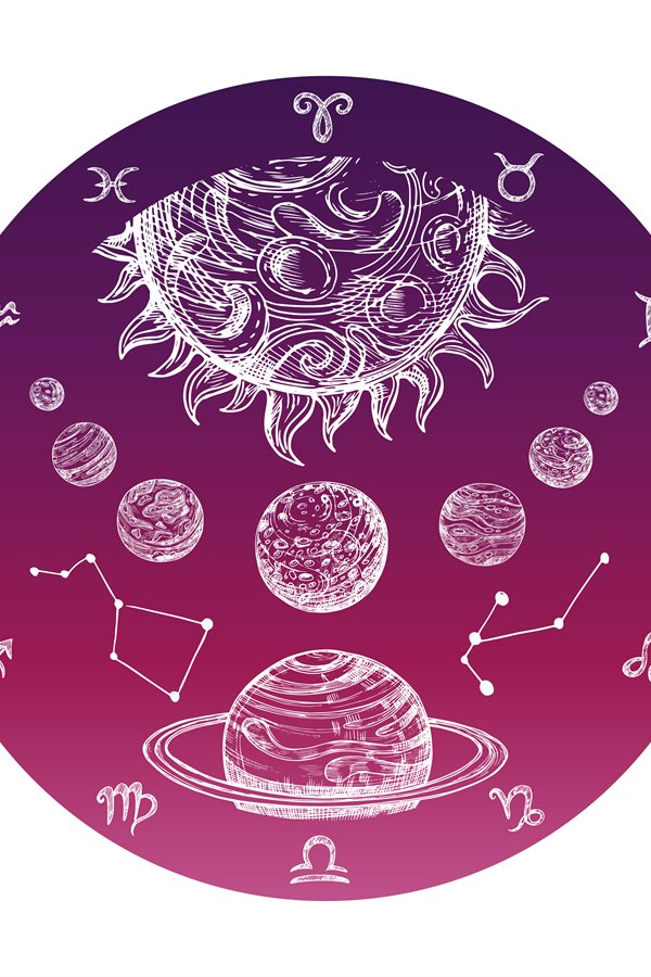 Color hand drawn astrology concept with Zodiac signs and pla