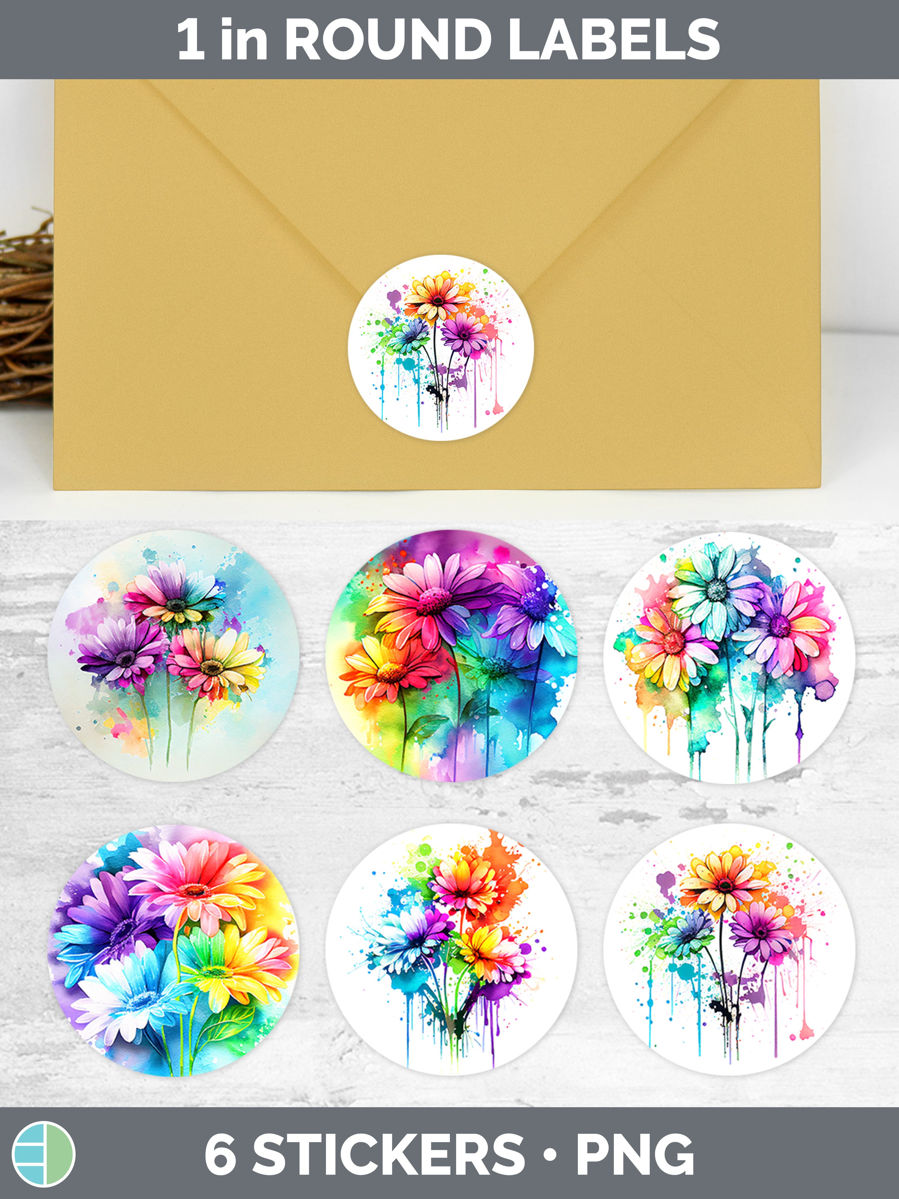 Rainbow Daisy Flowers Stickers | Round Labels Designs Bundle