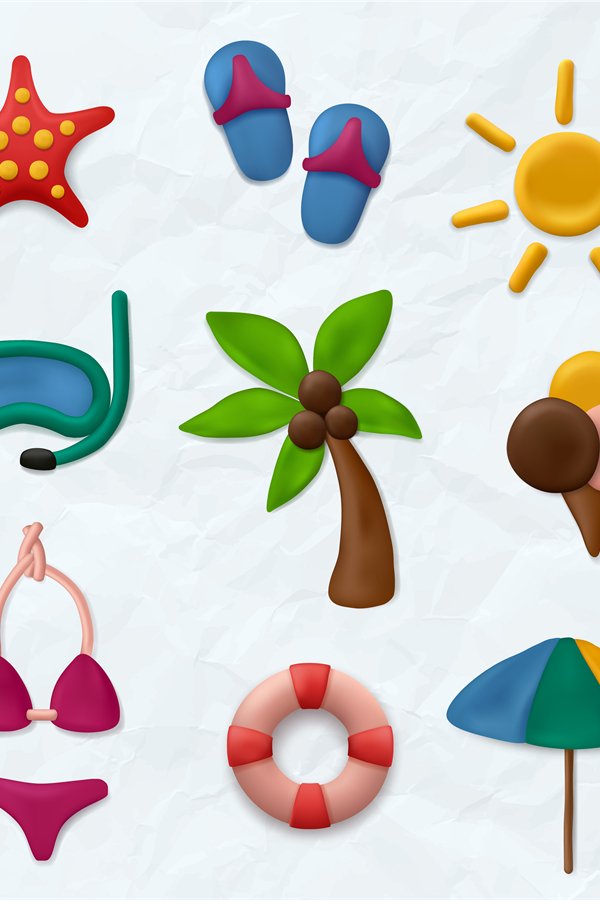 Clay sculpt. Kids education artwork realistic summer objects