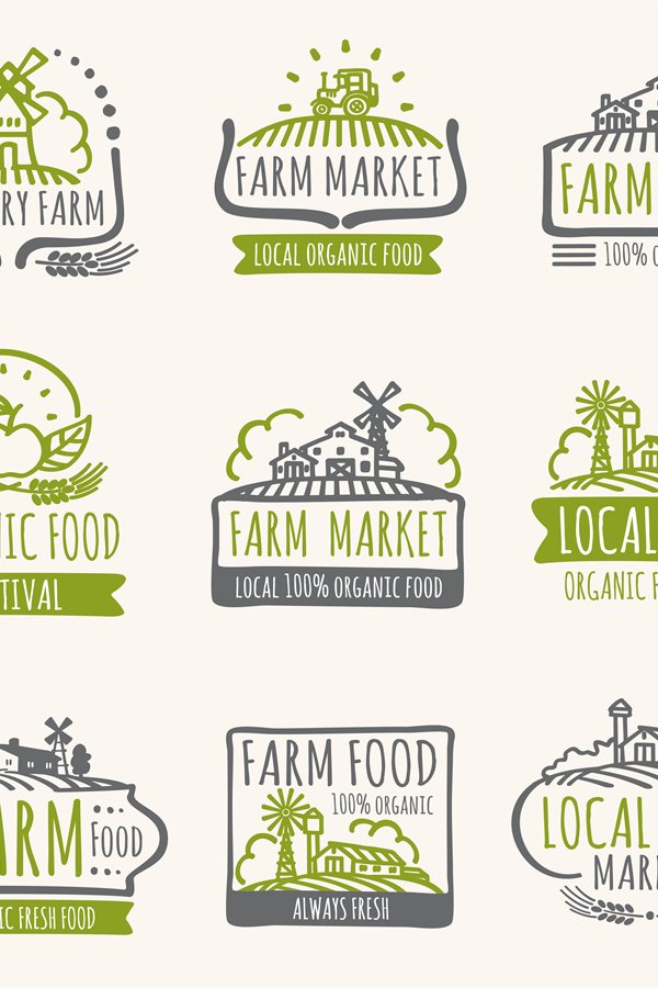 Retro farm market signs. Vintage fresh organic food vector l