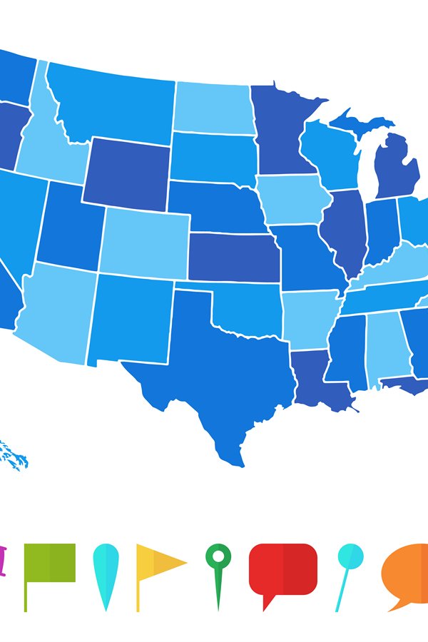 Usa map. Infographic us map with multi-colored states and pi