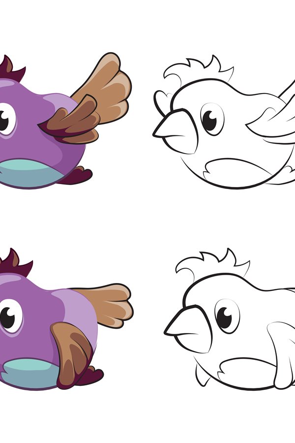 Childrens coloring page with flying cartoon birds - flying b