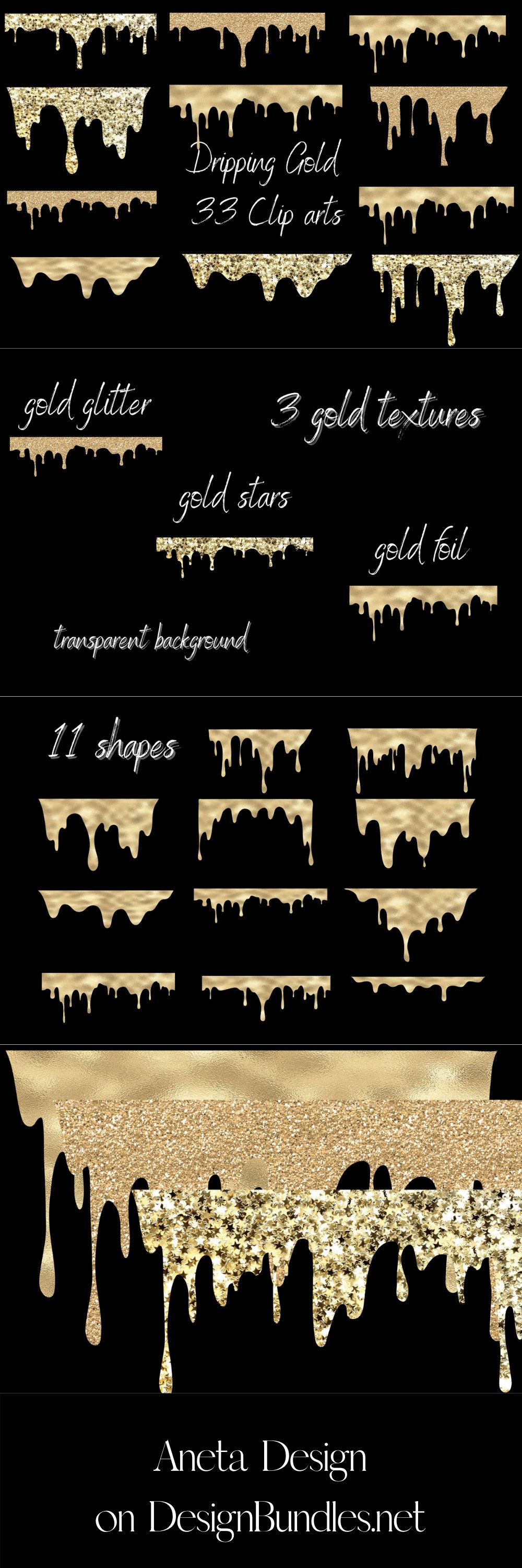 Gold Dripping, Glitter Overlays, Frosting Clipart