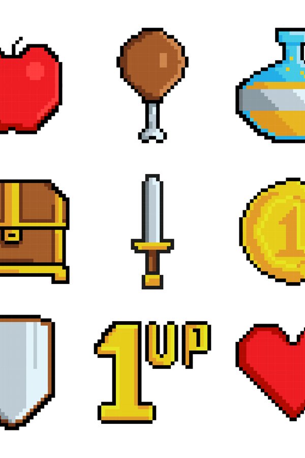 Pixel games icons. Various stylized symbols for video games