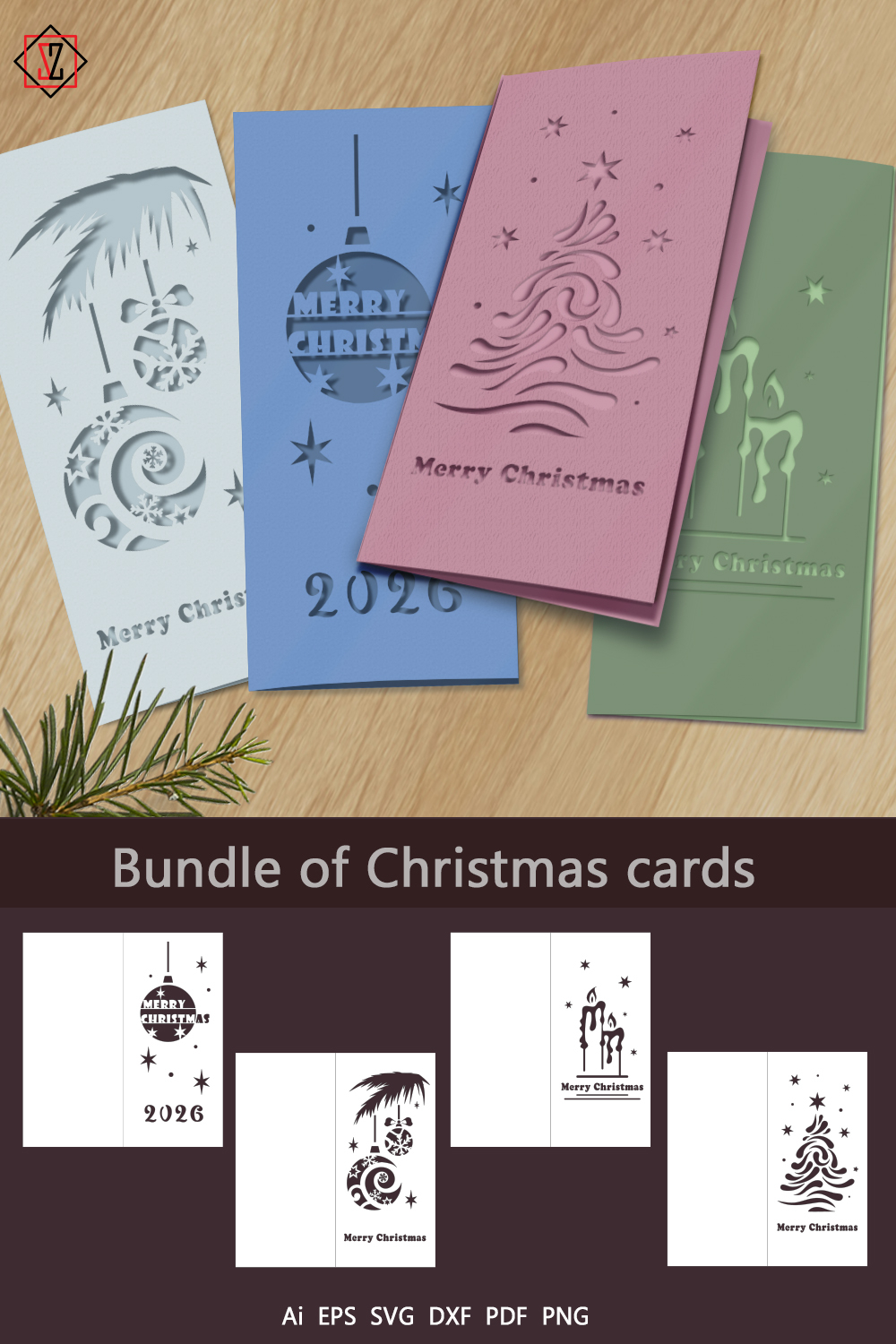Set of vertical Christmas cards with cut-out covers